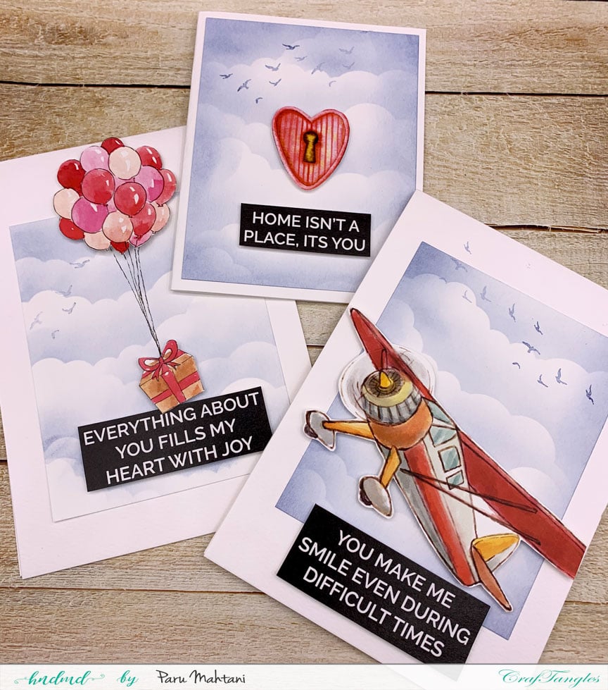 Using patterned paper elements and 1 background to make 3 quick cards ...