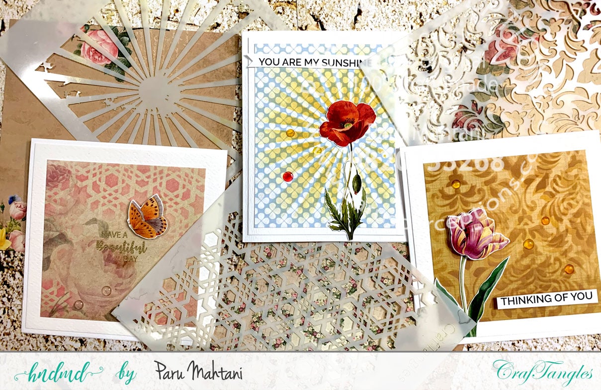 3 quick and elegant cards with Stencilling on Patterned papers ...