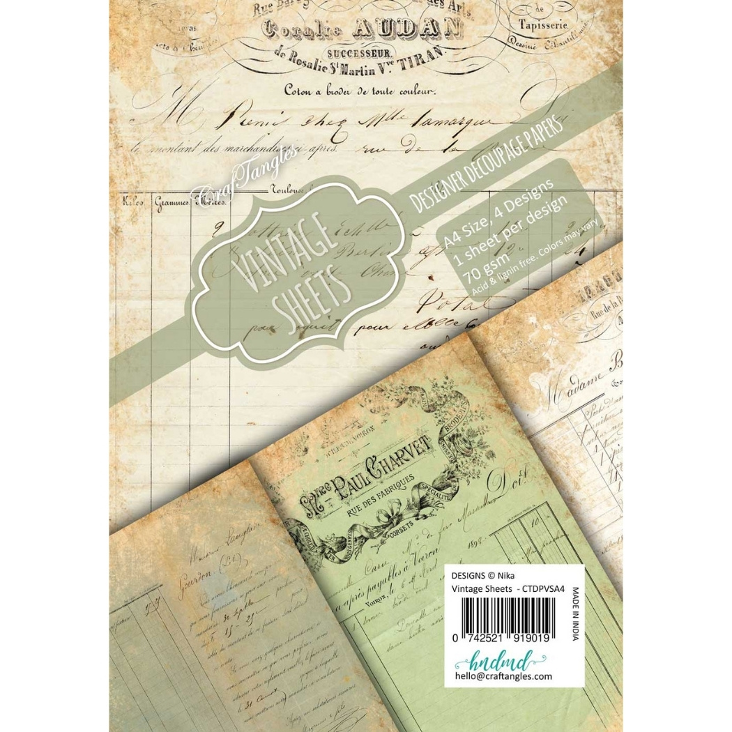 CrafTangles Decoupage Paper Pack - Vintage Sheets (A4) - 4 sheets ...